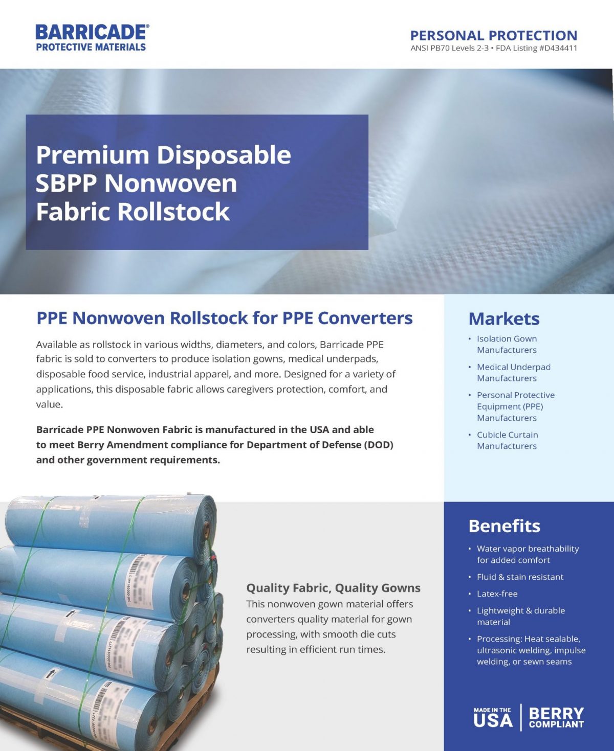Nonwoven PPE Fabric Rollstock - Barricade Protective Materials